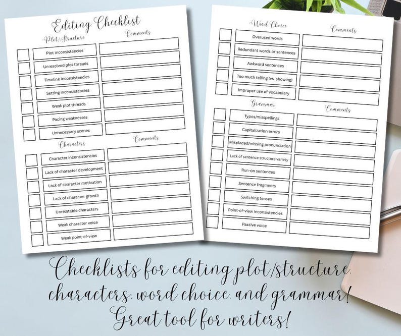 Printable Editing Checklist for Writers (PDF Download, Letter/a4/a5 ...