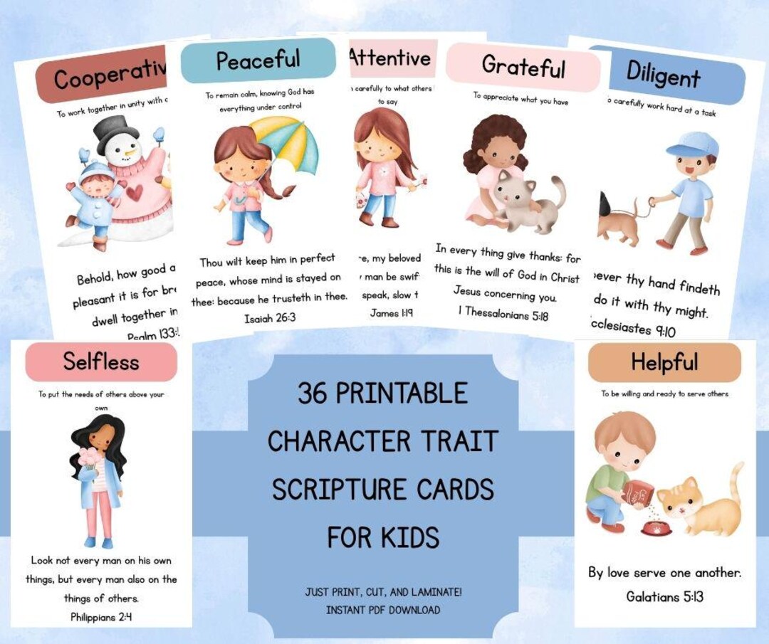 Printable Christian Character Trait Cards for Kids- 36 Cards With ...