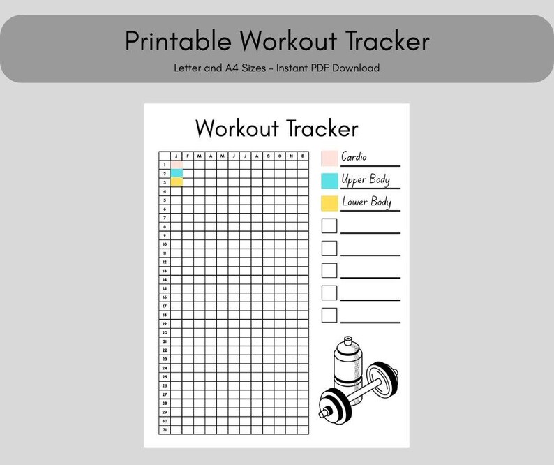 Printable Workout Tracker: Yearly Exercise Log (letter & A4 Sizes, PDF ...