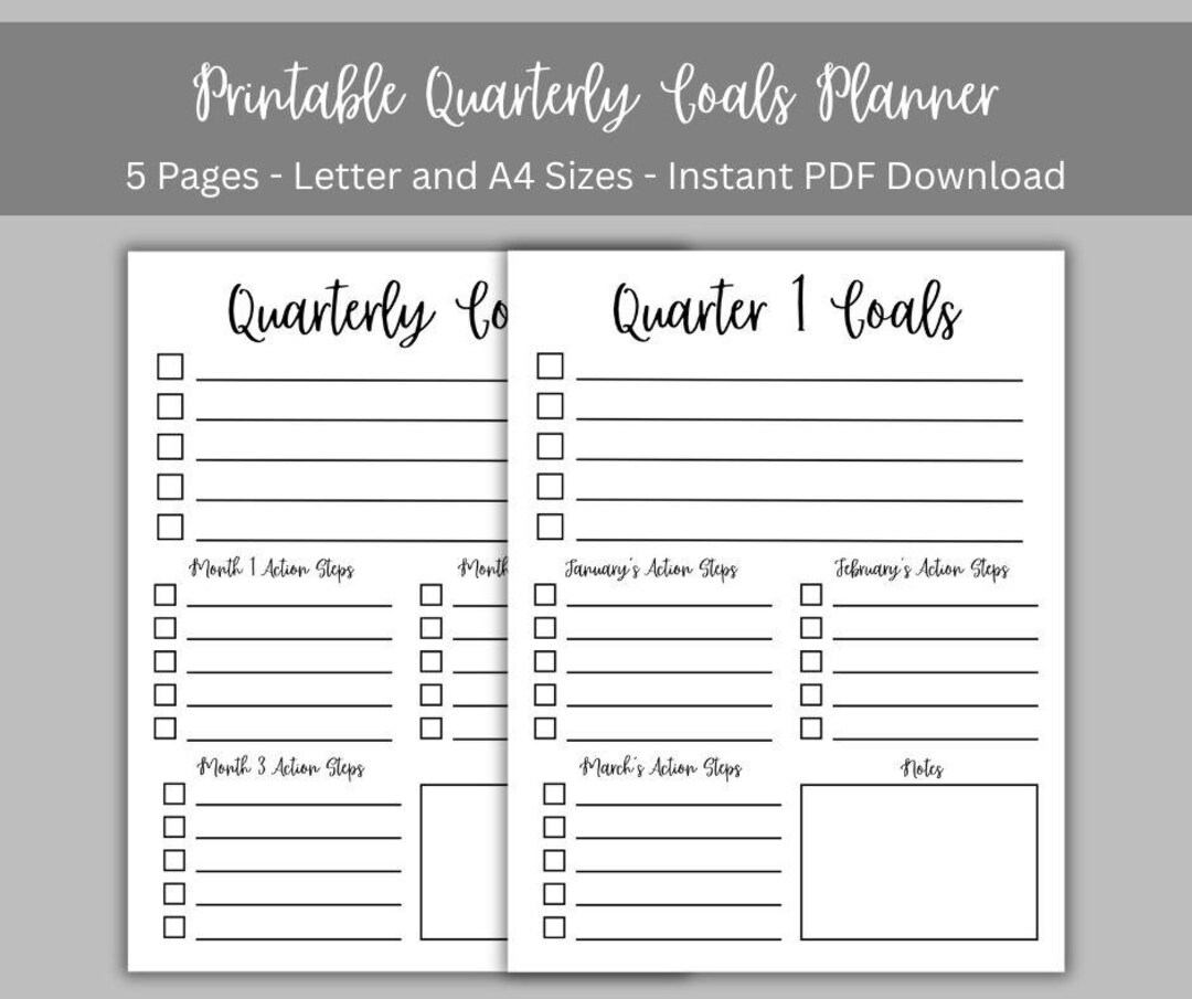 Printable Quarterly Goals Planner (5 Pages, Letter & A4 Sizes, PDF ...