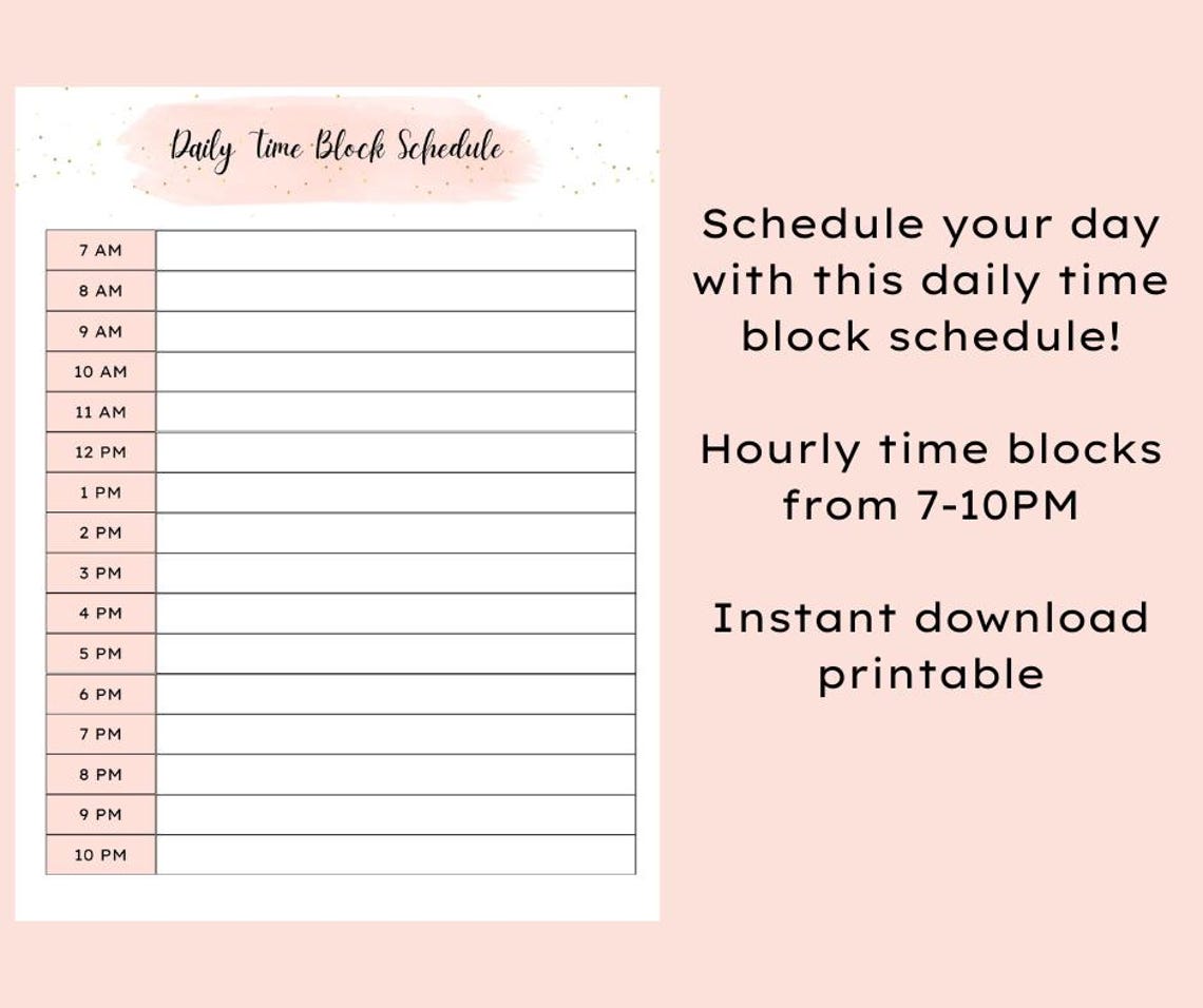 Printable Daily Time Block Schedule- Hourly Time Blocks- PDF Download ...