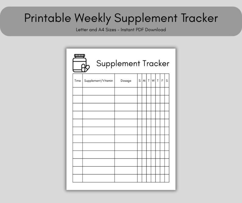 Printable Weekly Supplement Tracker: Supplement and Vitamins Log ...
