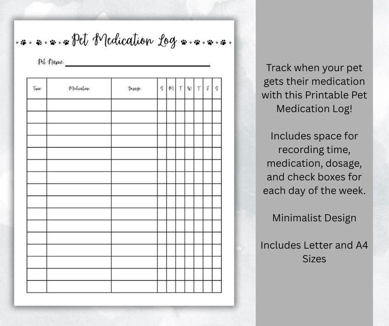 Printable Pet Medication Log: Weekly Medication Tracker (letter & A4 ...