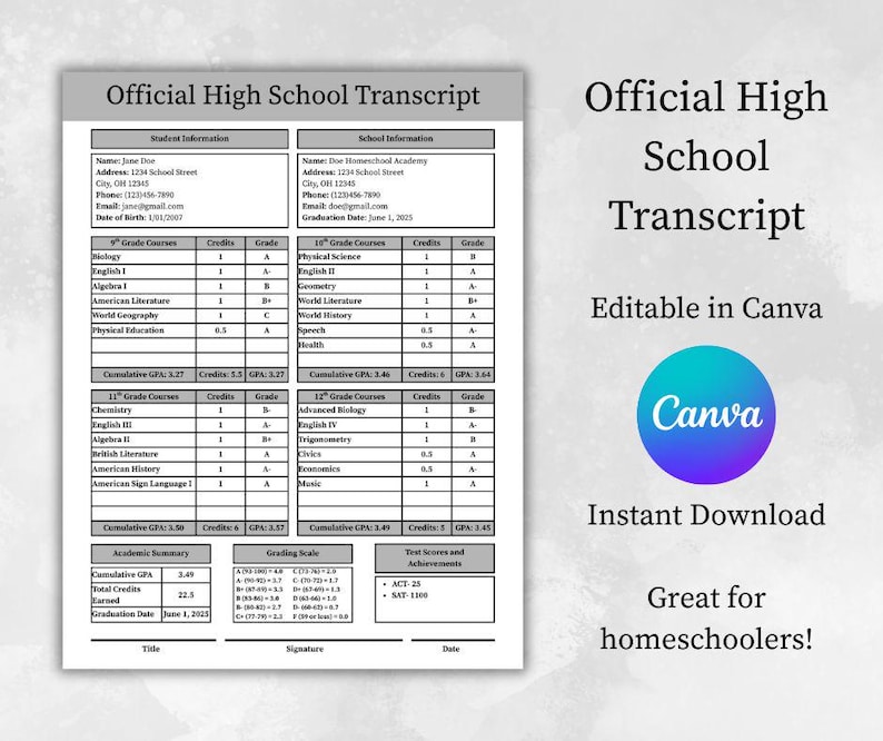 Editable Homeschool Transcript Template: Official High School Transcript (PDF Download, Canva ...