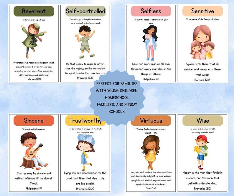 Printable Christian Character Trait Cards for Kids: KJV Scripture (PDF ...