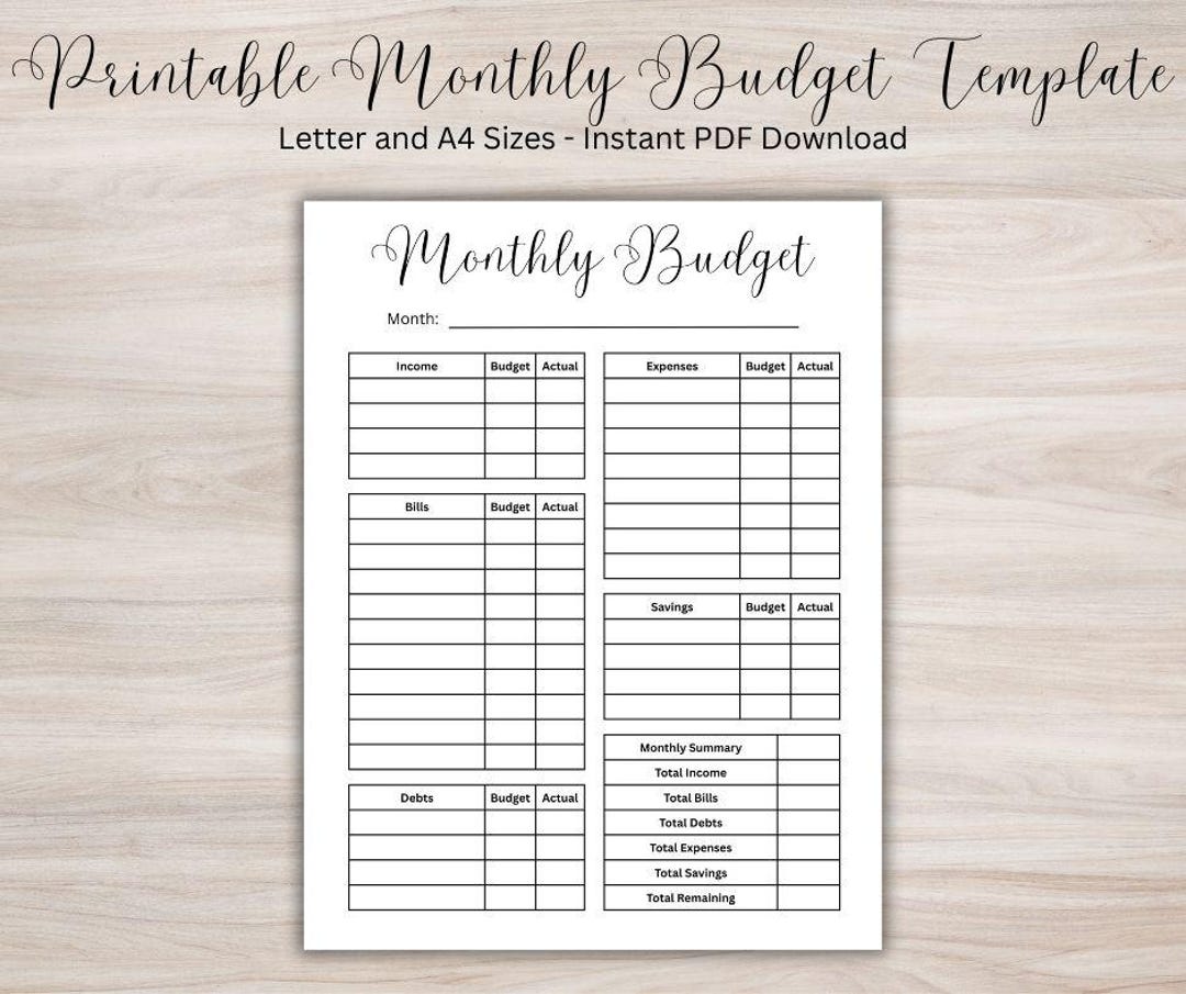Printable Monthly Budget Template (letter & A4 Sizes, PDF Download ...