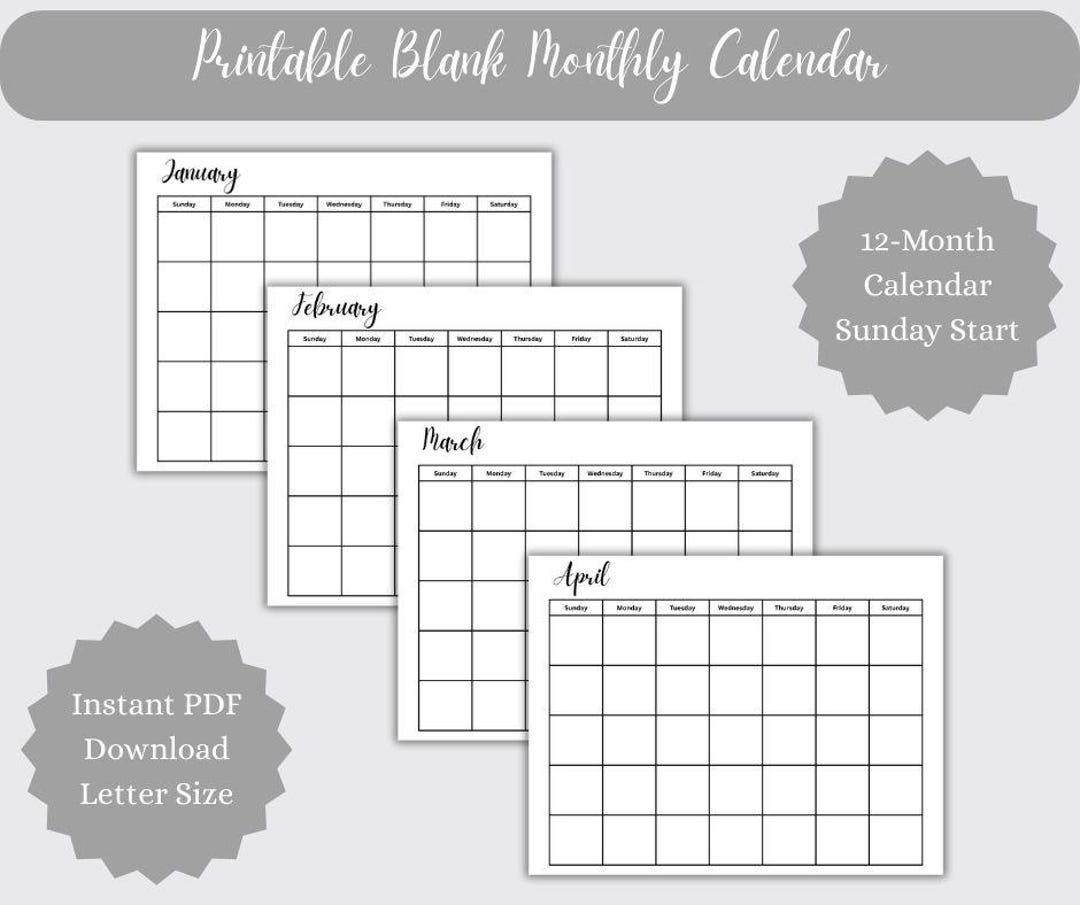 Printable Blank Monthly Calendar: 12 Months, Sunday Start (letter Size ...