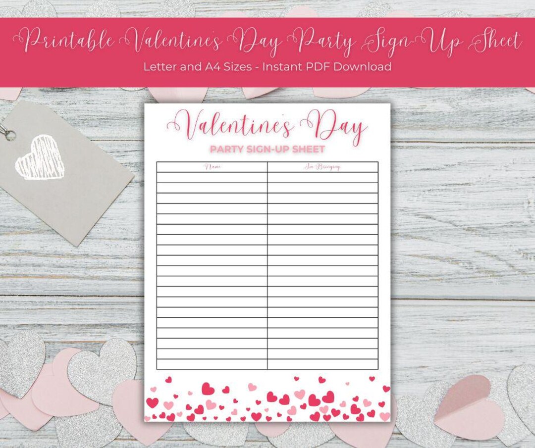 Printable Valentine's Day Party Sign-up Sheet Template (letter & A4 ...