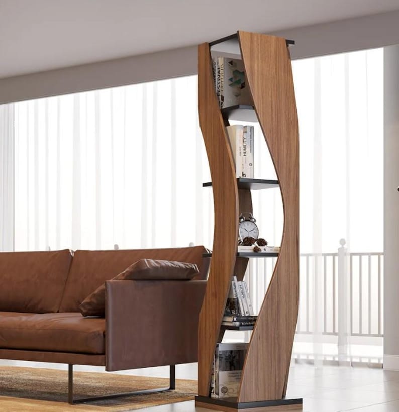 5-tier Geometric Bookshelf Curved Shape Industrial Bookcase in Walnut ...