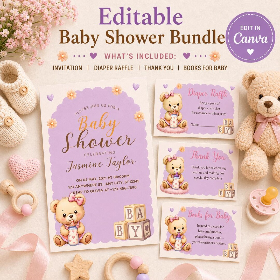 Baby Shower Invitation Bundle Set Editable Template Canva Printable ...