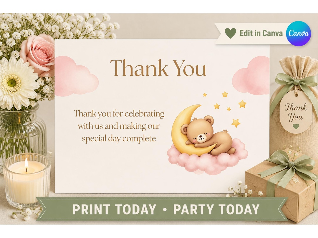 Sleeping Bear Shower Baby Invitation Card Template Editable Canva ...