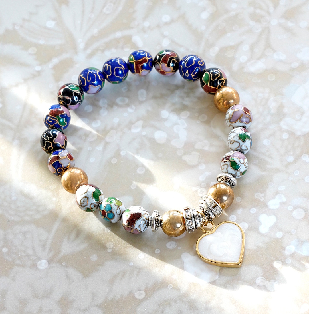 Cloisonné Beaded Bracelet With Heart Charm, One of a Kind Handmade ...