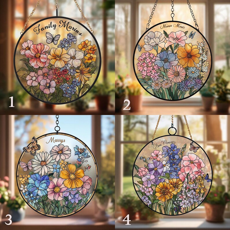 Custom Family Birth Flowers Glass Suncatcher, Personalized Flower Glass ...