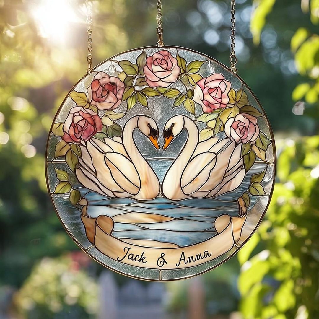 Personalized Swan Couple Glass Suncatcher, Custom Romantic Stained ...