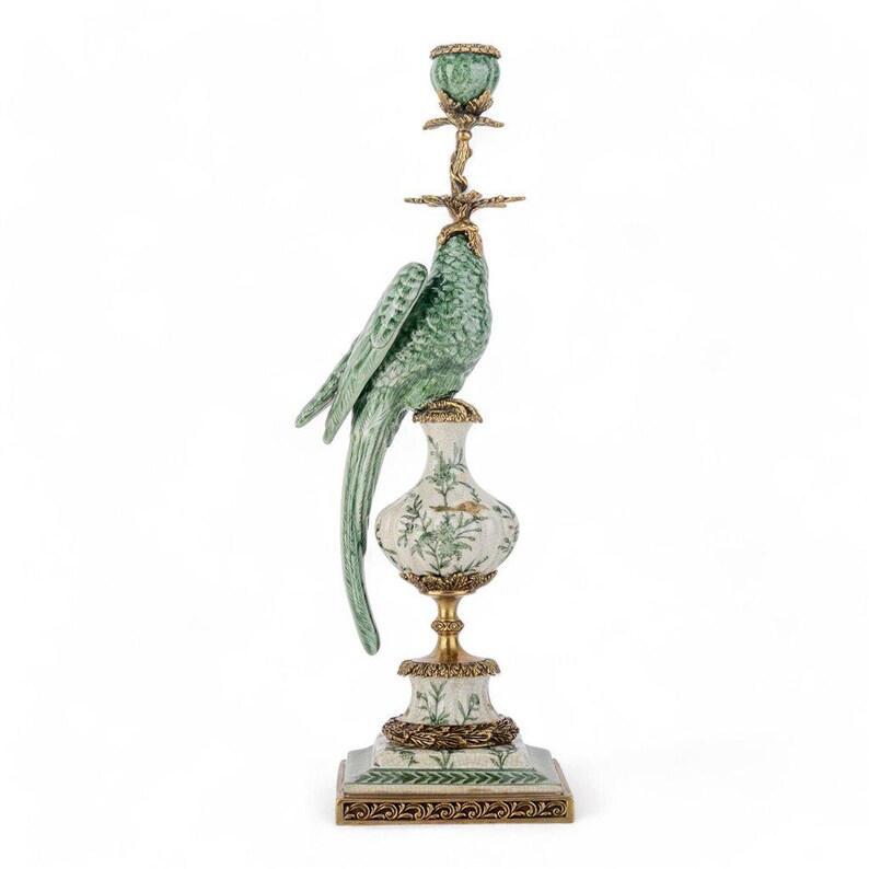 Green Parrot Porcelain & Bronze Candlesticks-candle Holders Pair Granny ...