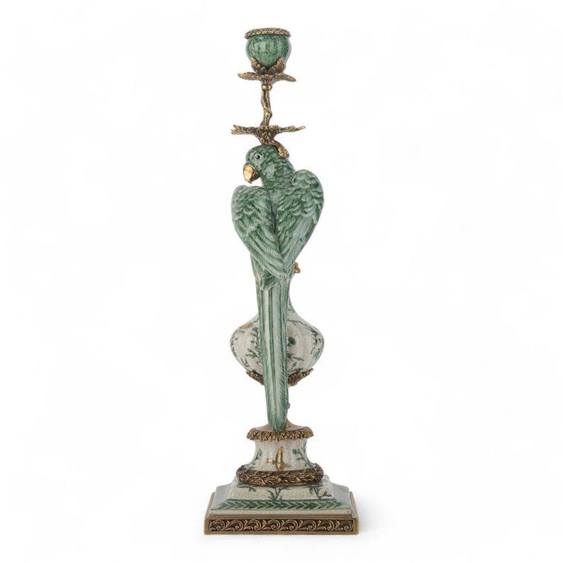 Green Parrot Porcelain & Bronze Candlesticks-candle Holders Pair Granny ...