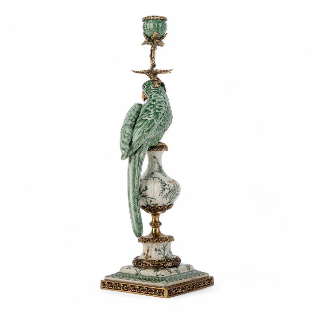 Green Parrot Porcelain & Bronze Candlesticks-candle Holders Pair Granny ...