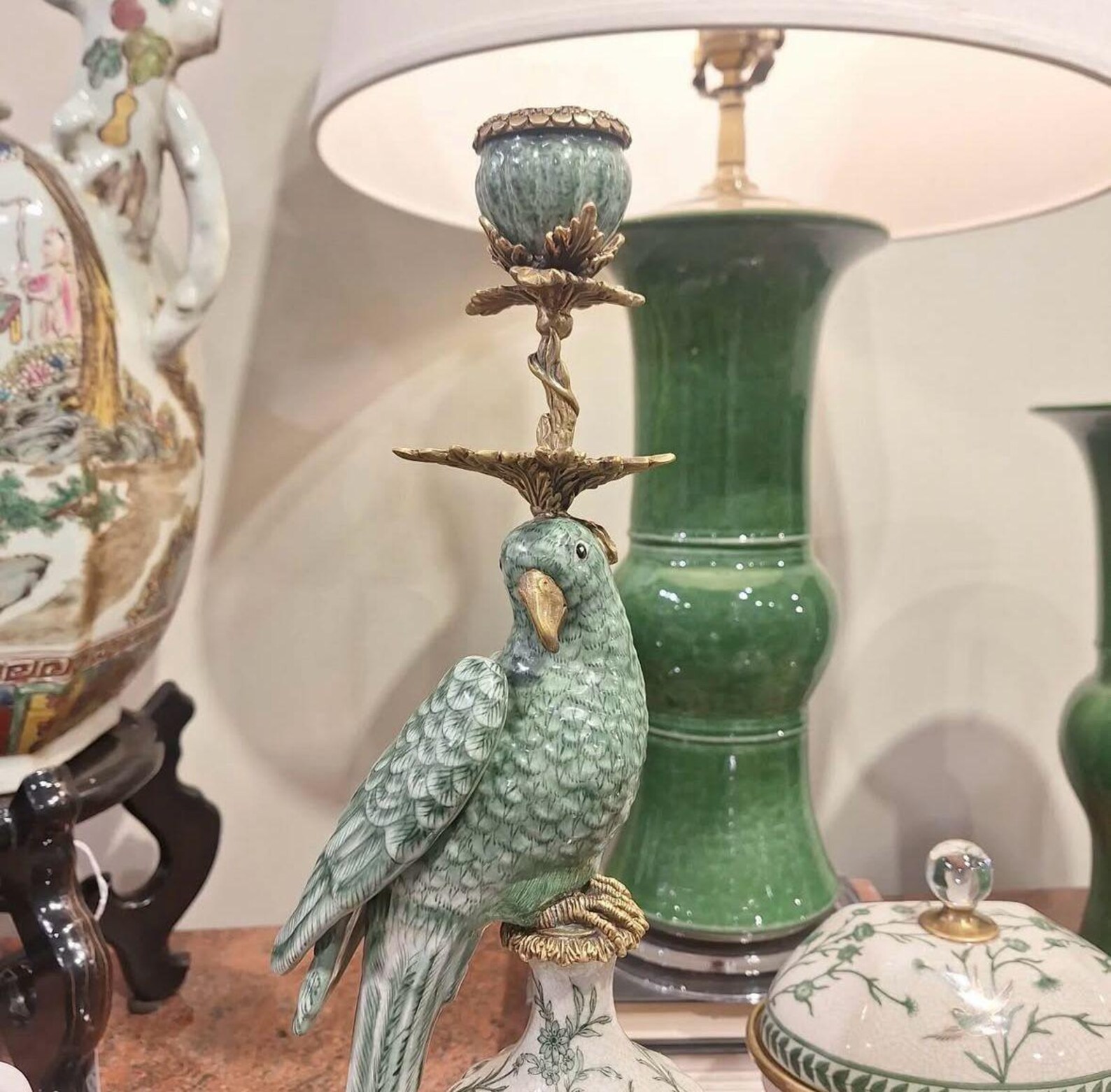 Green Parrot Porcelain & Bronze Candlesticks-candle Holders Pair Granny ...