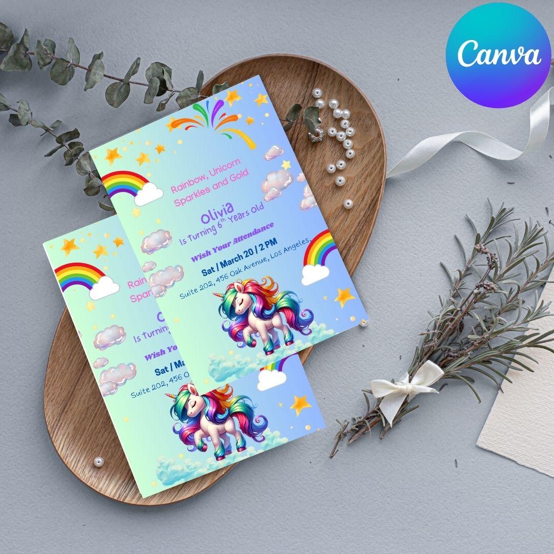 Rainbow Unicorn Birthday Invitation: Magical Party Template (digital ...
