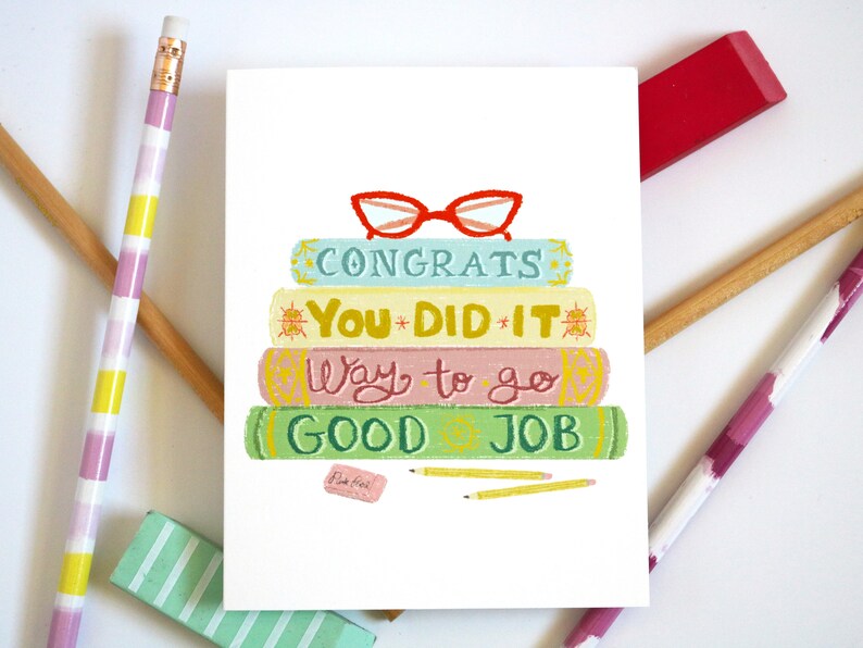 Stack of Books Congratulations Greeting Card illustrated Vintage ...