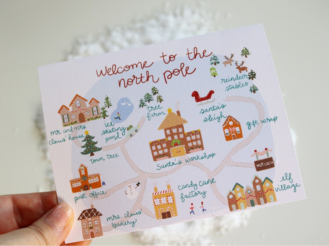 Illustrated North Pole Map Holiday Greeting Card Hand - Etsy