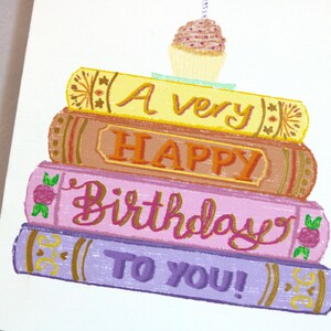 Stack of Books Birthday Greeting Card | Illustrated Vintage Library ...