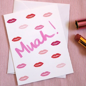 Muah Kiss Blank Greeting Card Illustrated Hand Lettered Lipstick Lips ...