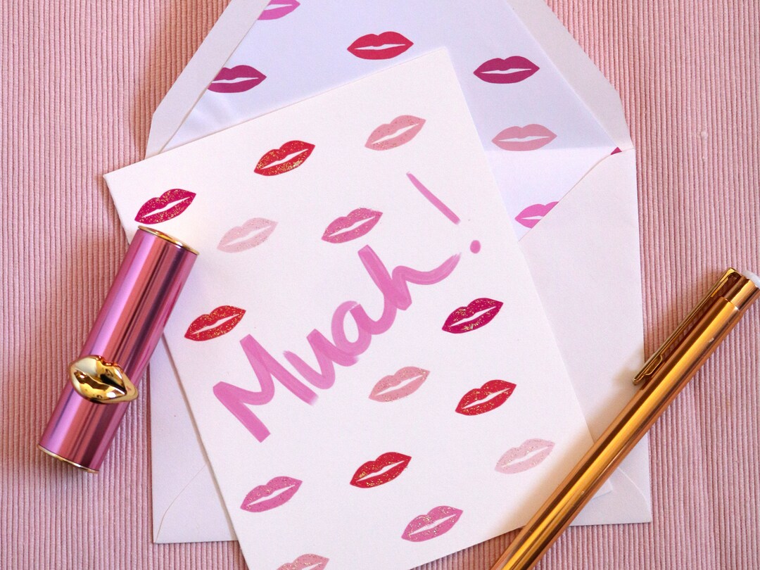 Muah Kiss Blank Greeting Card Illustrated Hand Lettered Lipstick Lips ...