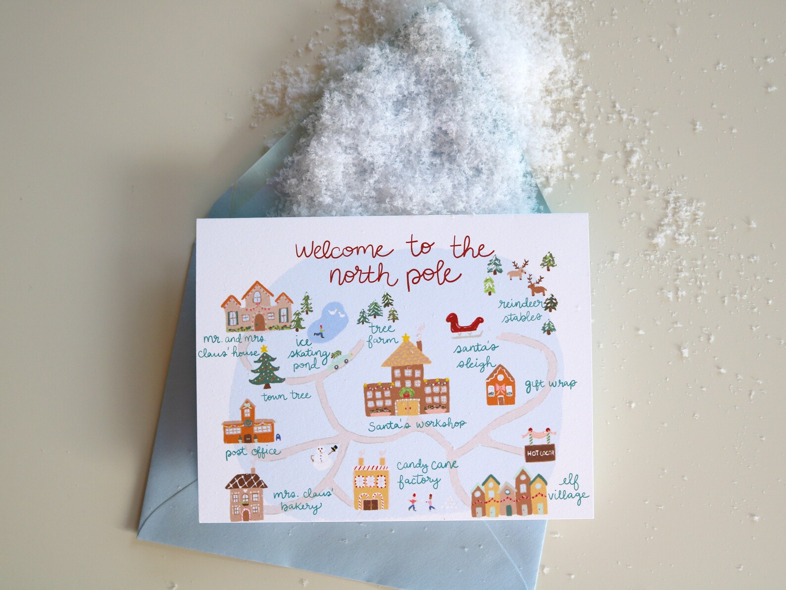 Illustrated North Pole Map Holiday Greeting Card | Hand Lettered ...