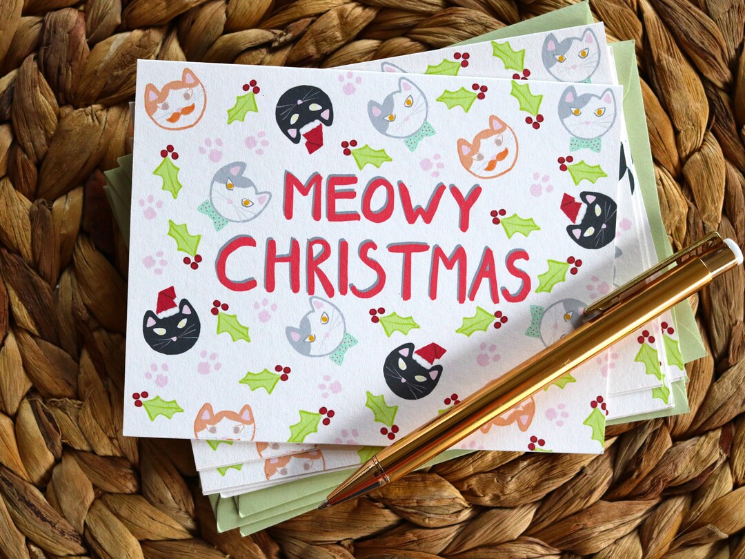 Meowy Christmas Greeting Card | Funny Illustrated Cat Pattern Blank ...
