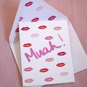 Muah Kiss Blank Greeting Card Illustrated Hand Lettered Lipstick Lips ...