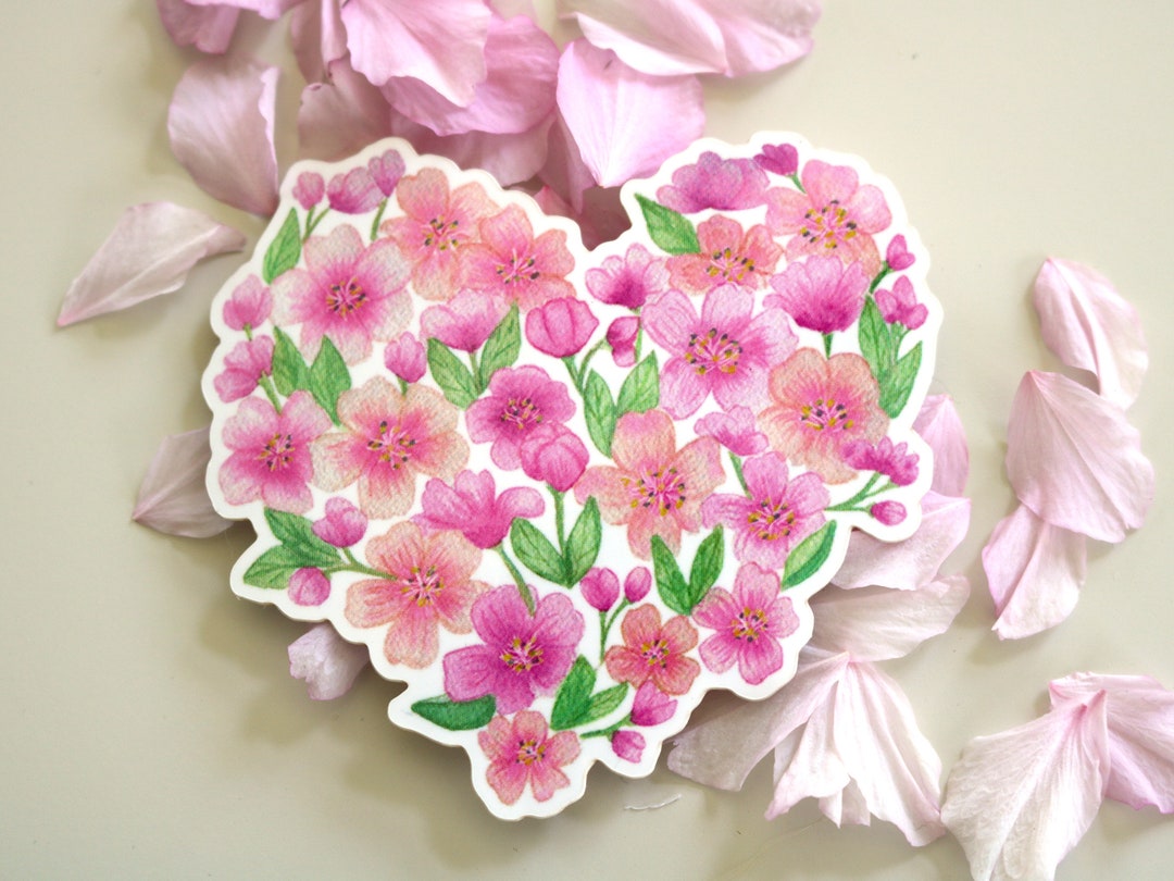 Watercolor Cherry Blossom Heart Sticker | Illustrated Floral Botanical ...