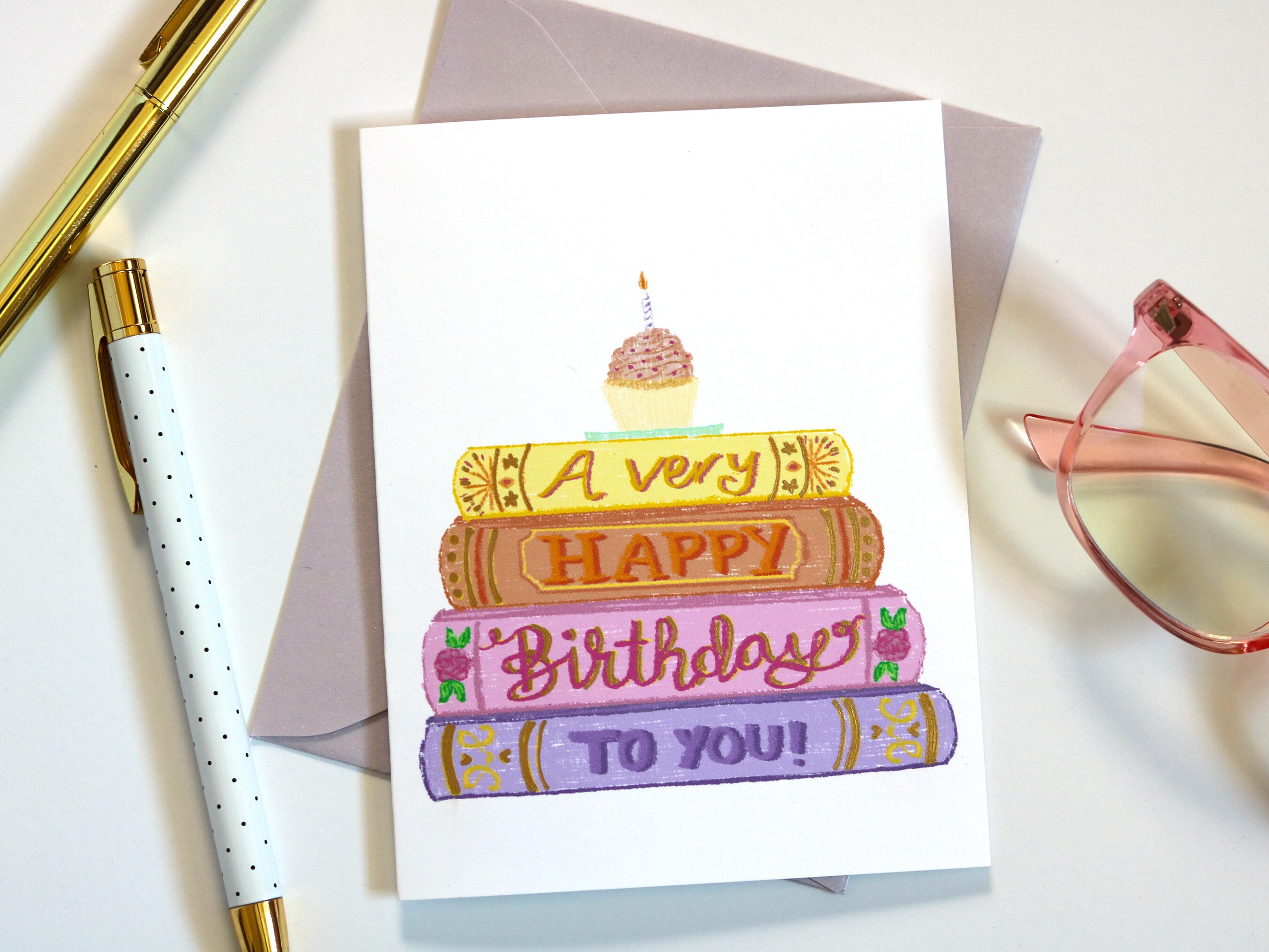 Stack of Books Birthday Greeting Card Illustrated Vintage - Etsy