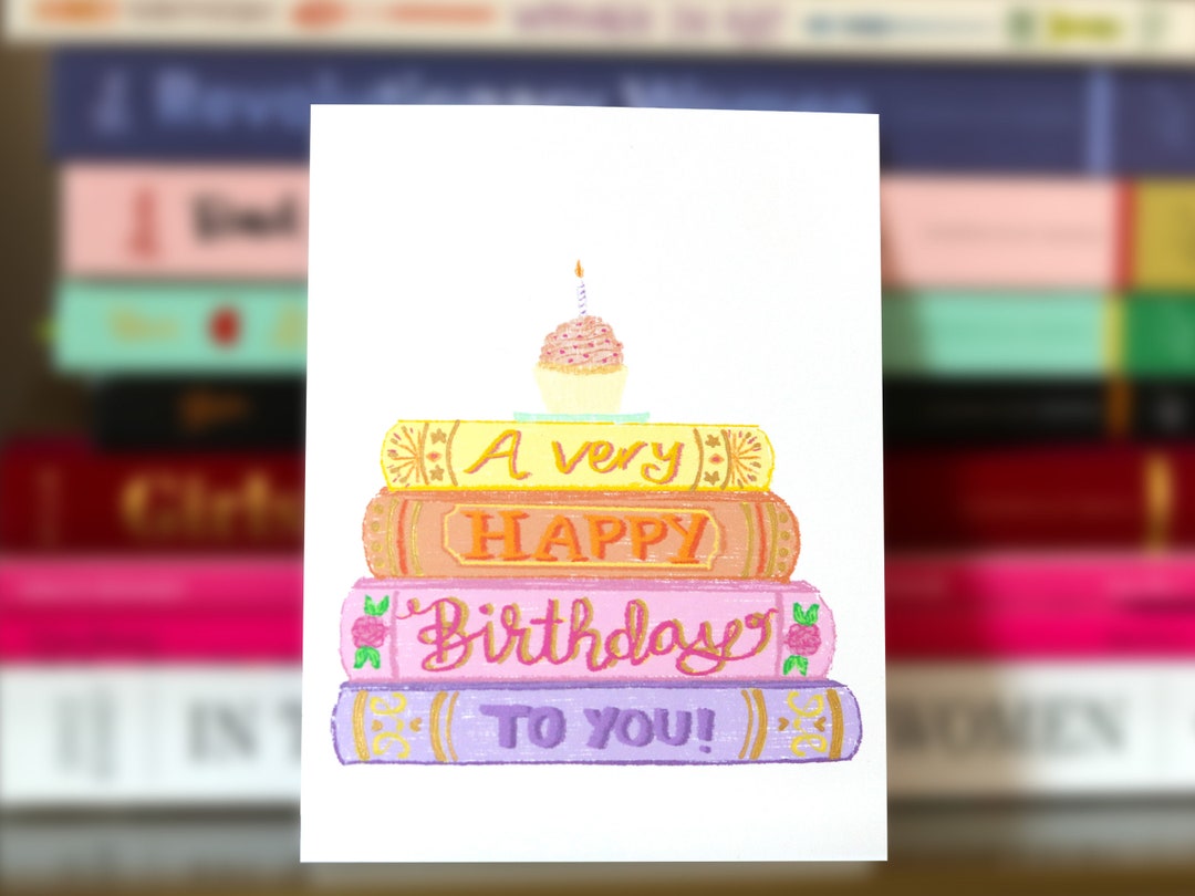 Stack of Books Birthday Greeting Card | Illustrated Vintage Library ...