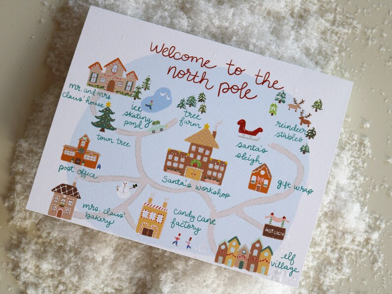 Illustrated North Pole Map Holiday Greeting Card | Hand Lettered ...