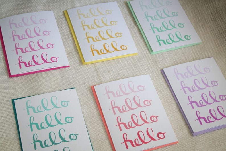 Pink Ombré hello Folded Card Calligraphy Blank Greeting - Etsy