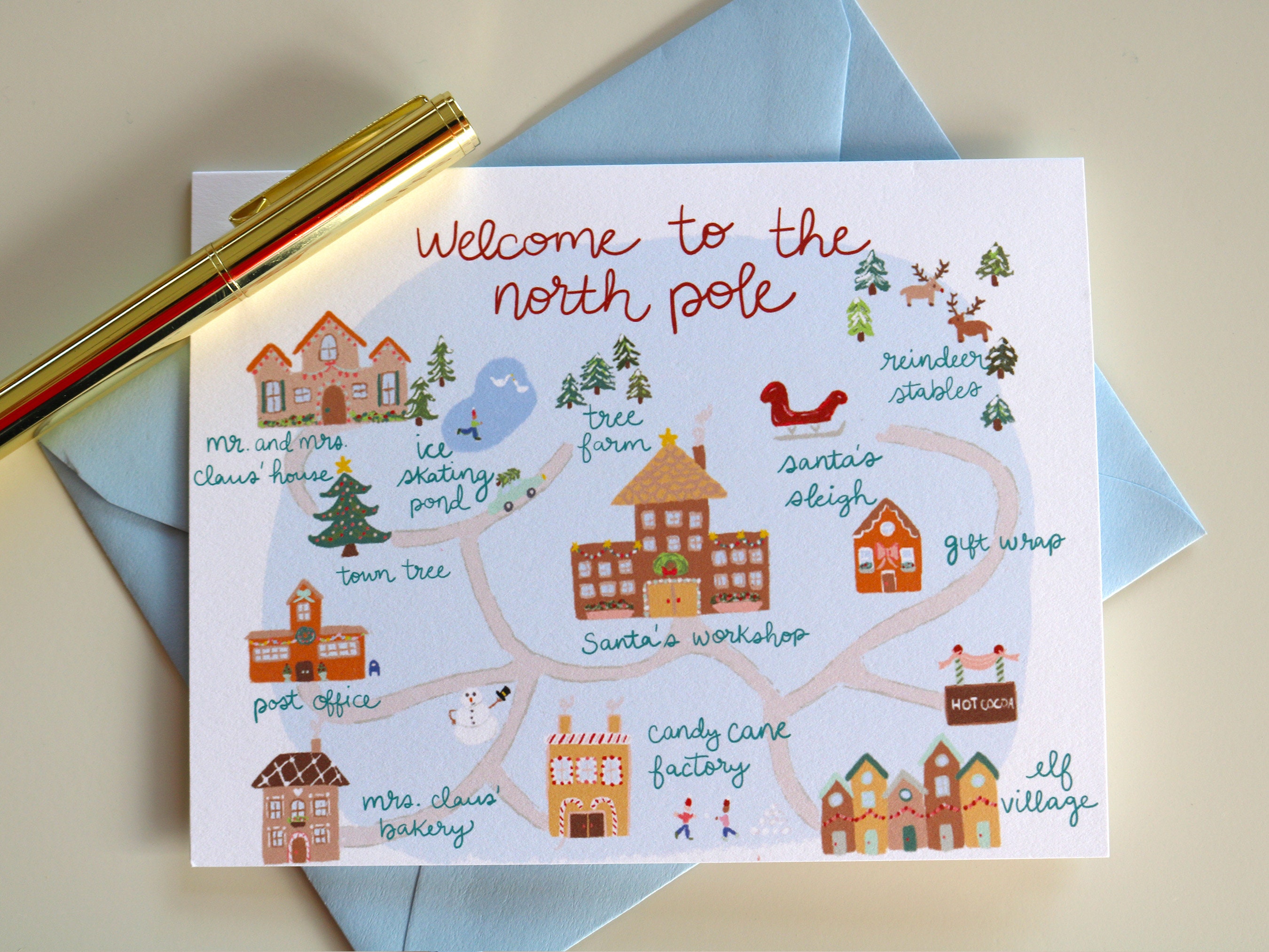 Illustrated North Pole Map Holiday Greeting Card | Hand Lettered ...