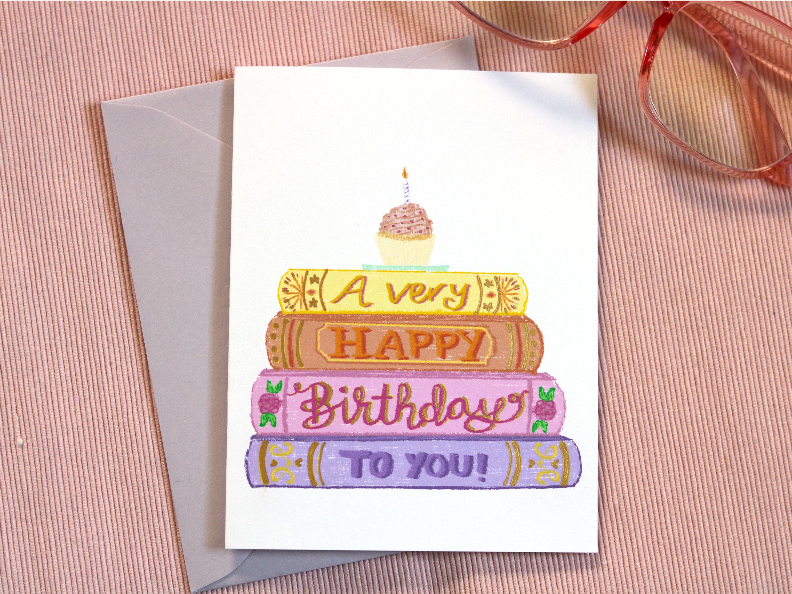 Stack of Books Birthday Greeting Card Illustrated Vintage - Etsy