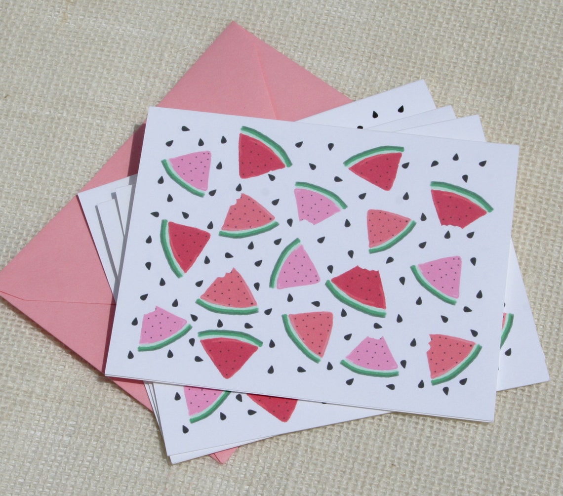 Illustrated Watermelon Slices Pattern Red Blank Folded Card Stationery ...