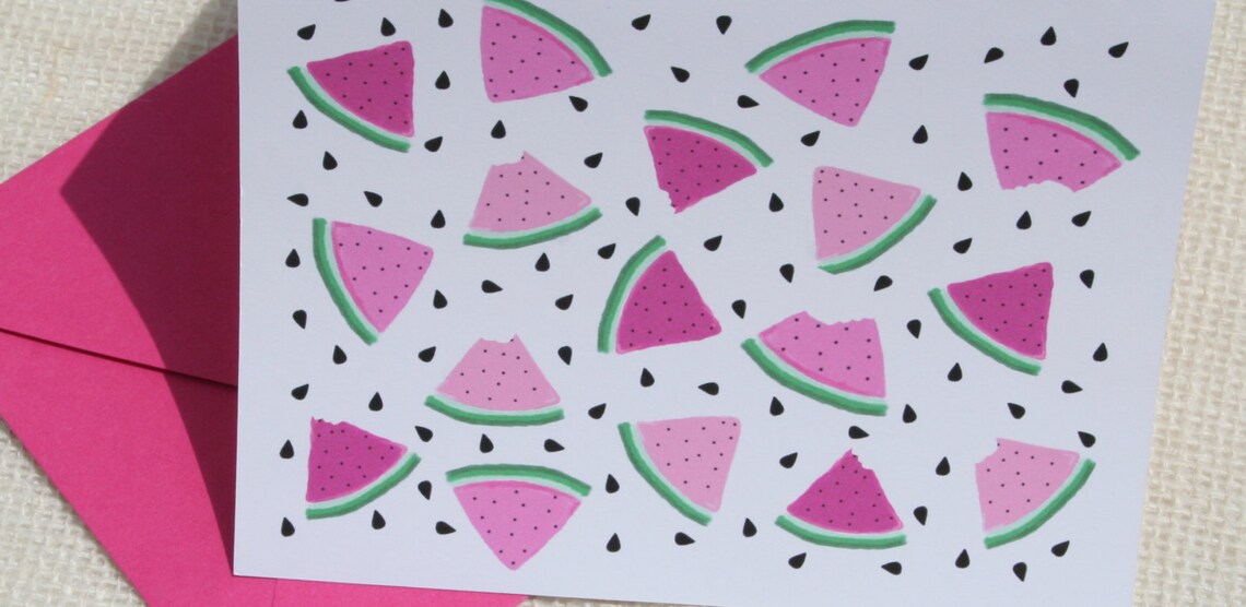 Illustrated Watermelon Slices Pattern Pink Blank Folded Card - Etsy