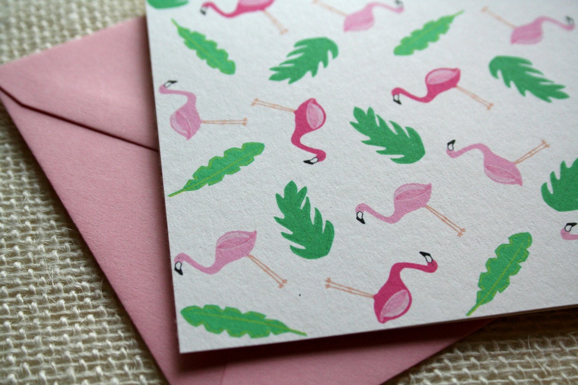 Hot Pink Flamingo and Palm Frond Stationery Set| Illustrated Tropical ...