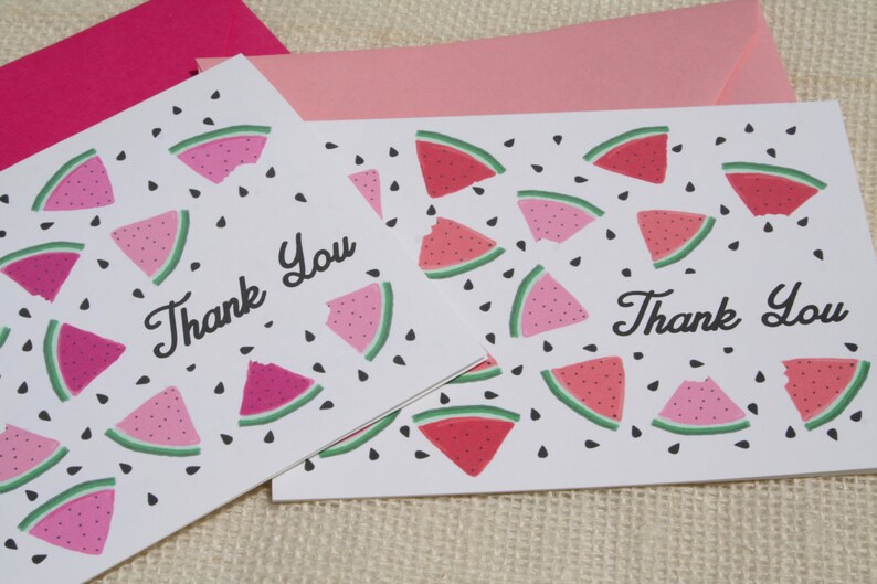 Illustrated Pink Watermelon Slices Pattern Thank You Card Stationery ...