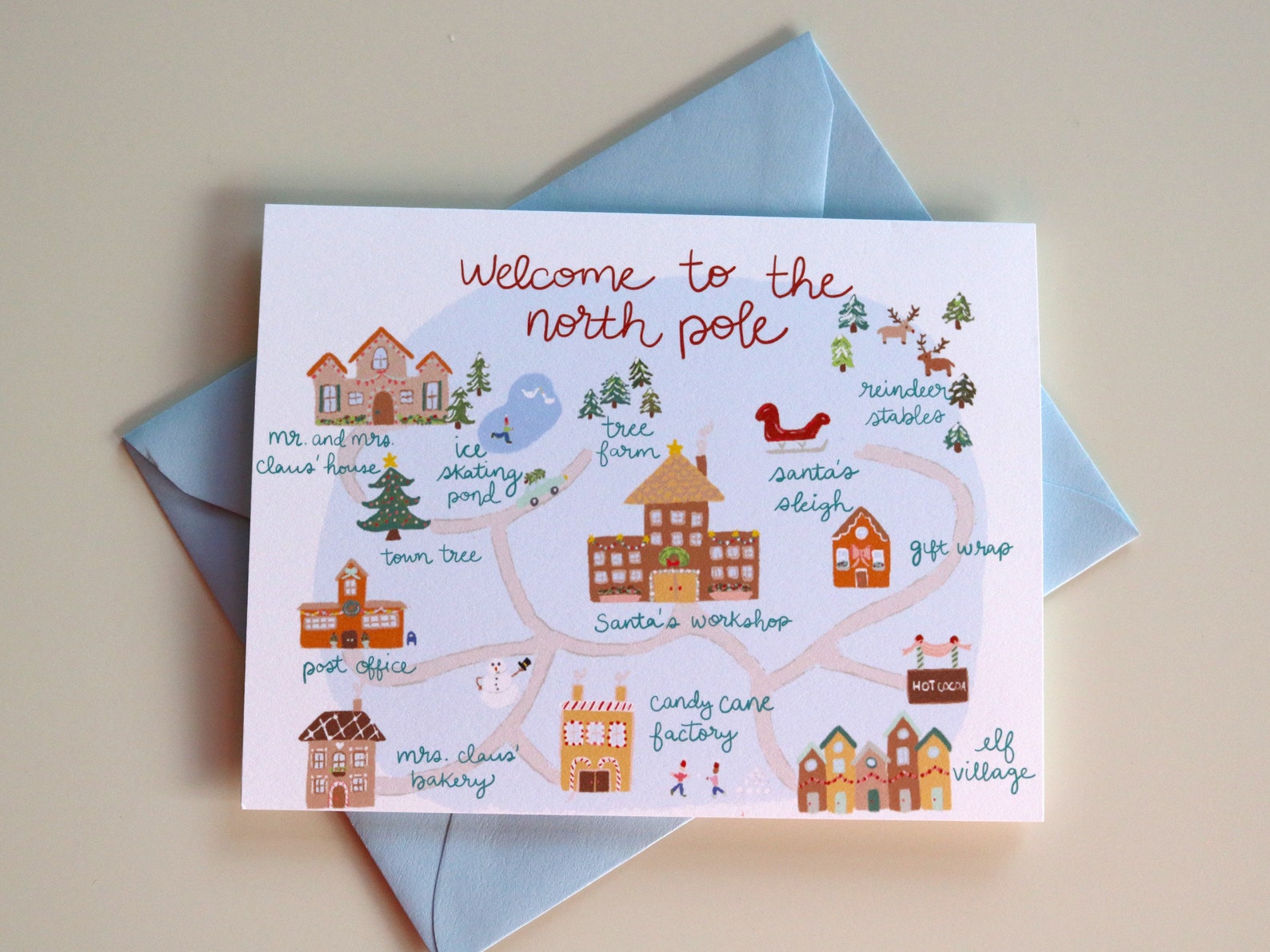 Illustrated North Pole Map Holiday Greeting Card Hand - Etsy