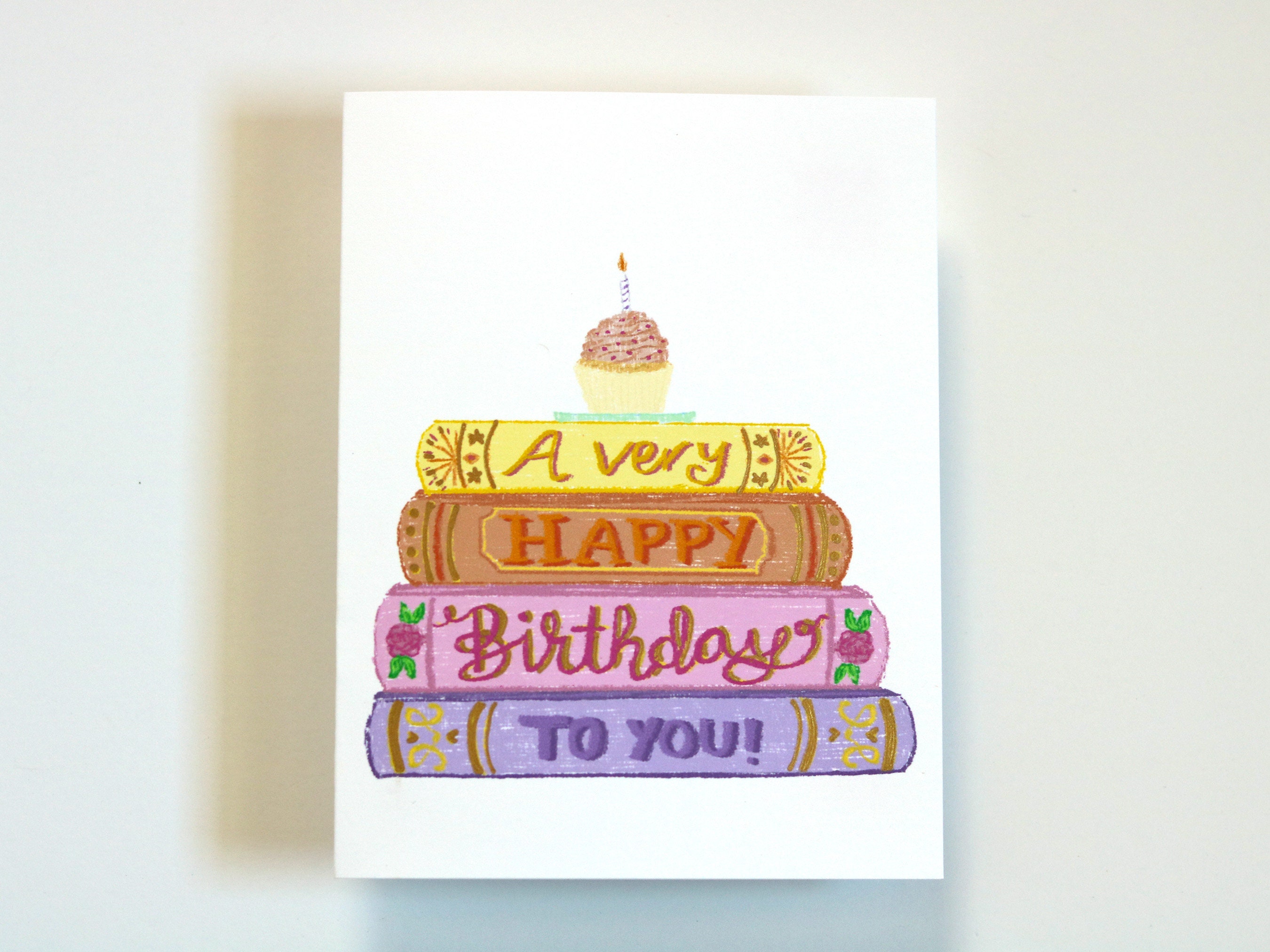 Stack of Books Birthday Greeting Card Illustrated Vintage - Etsy