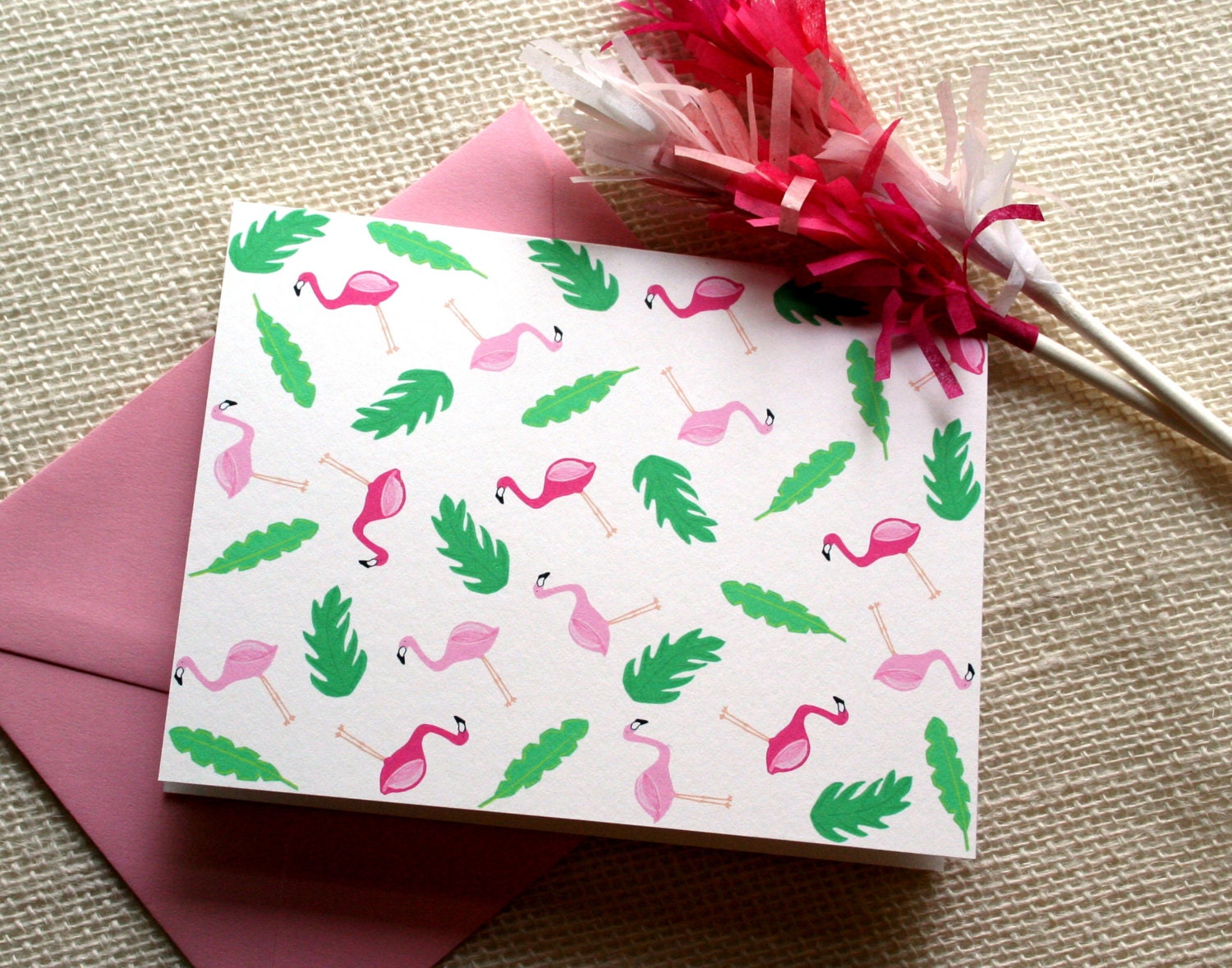 Hot Pink Flamingo and Palm Frond Stationery Set Illustrated - Etsy