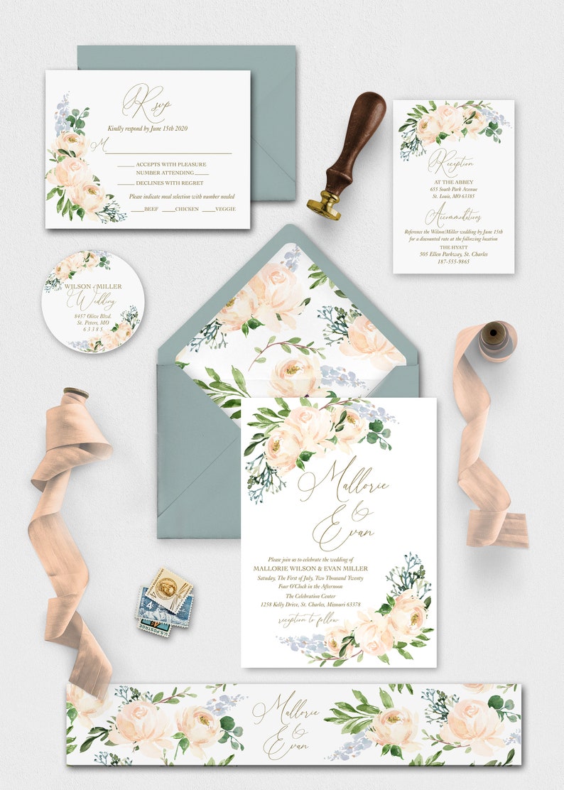 Powder Blue Wedding Invitation Suite Blush Pink Floral - Etsy