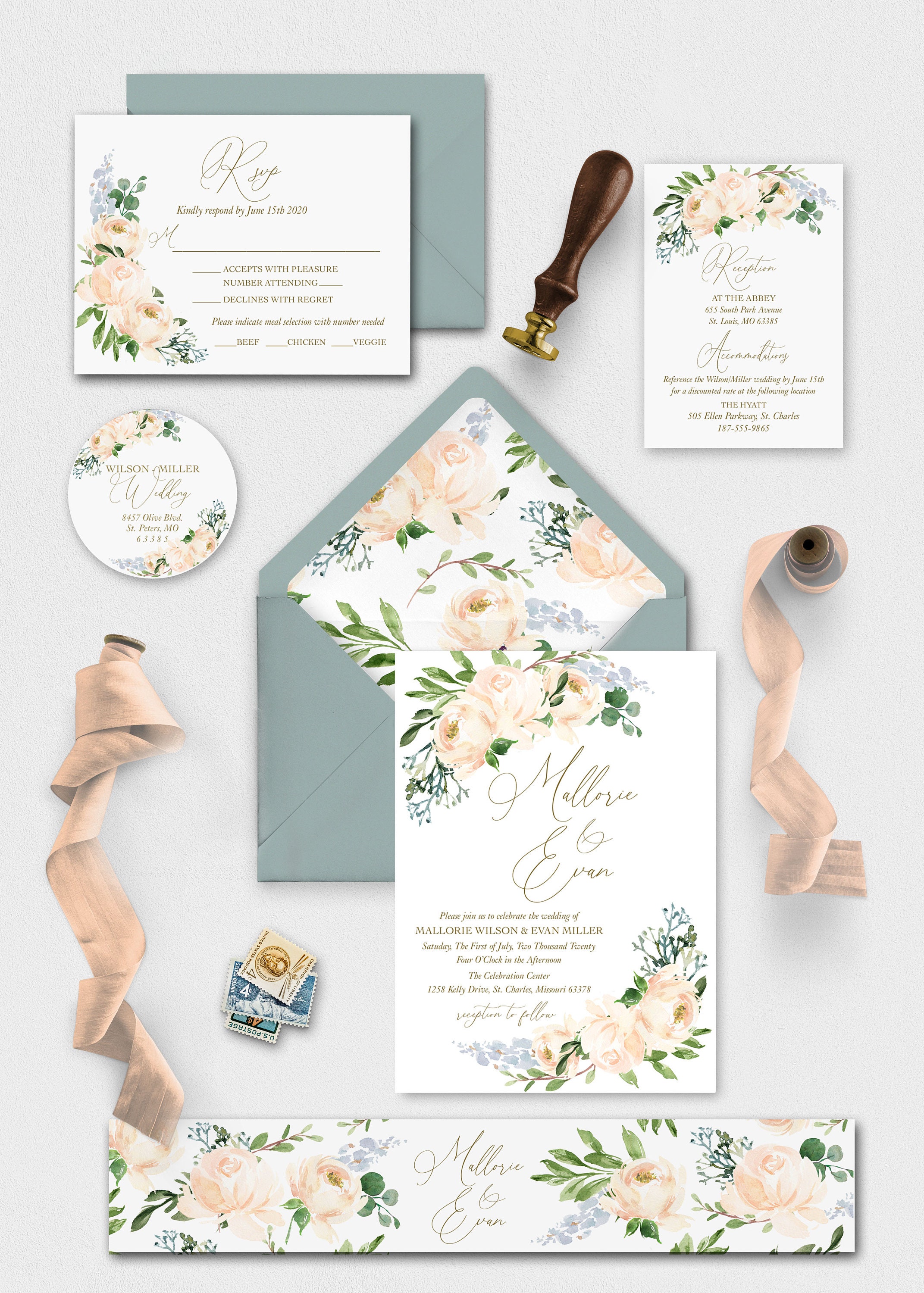 Powder Blue Wedding Invitation Suite, Blush Pink Floral Greenery ...