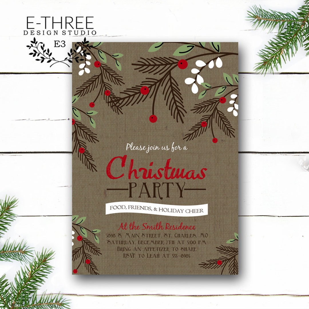 Rustic Burlap Christmas Party Invitation - Tree Foliage and Berries ...