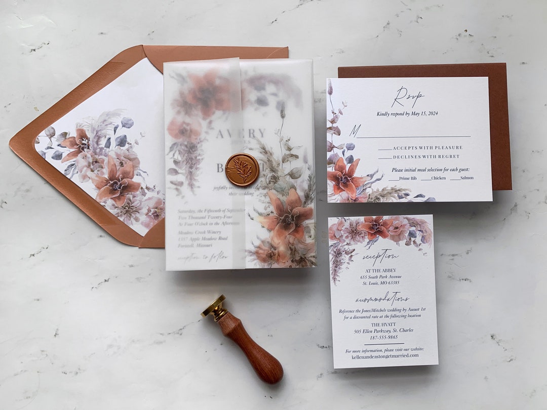 Terracotta Wedding Invitation Suite, Fall Floral Pampas Grass ...