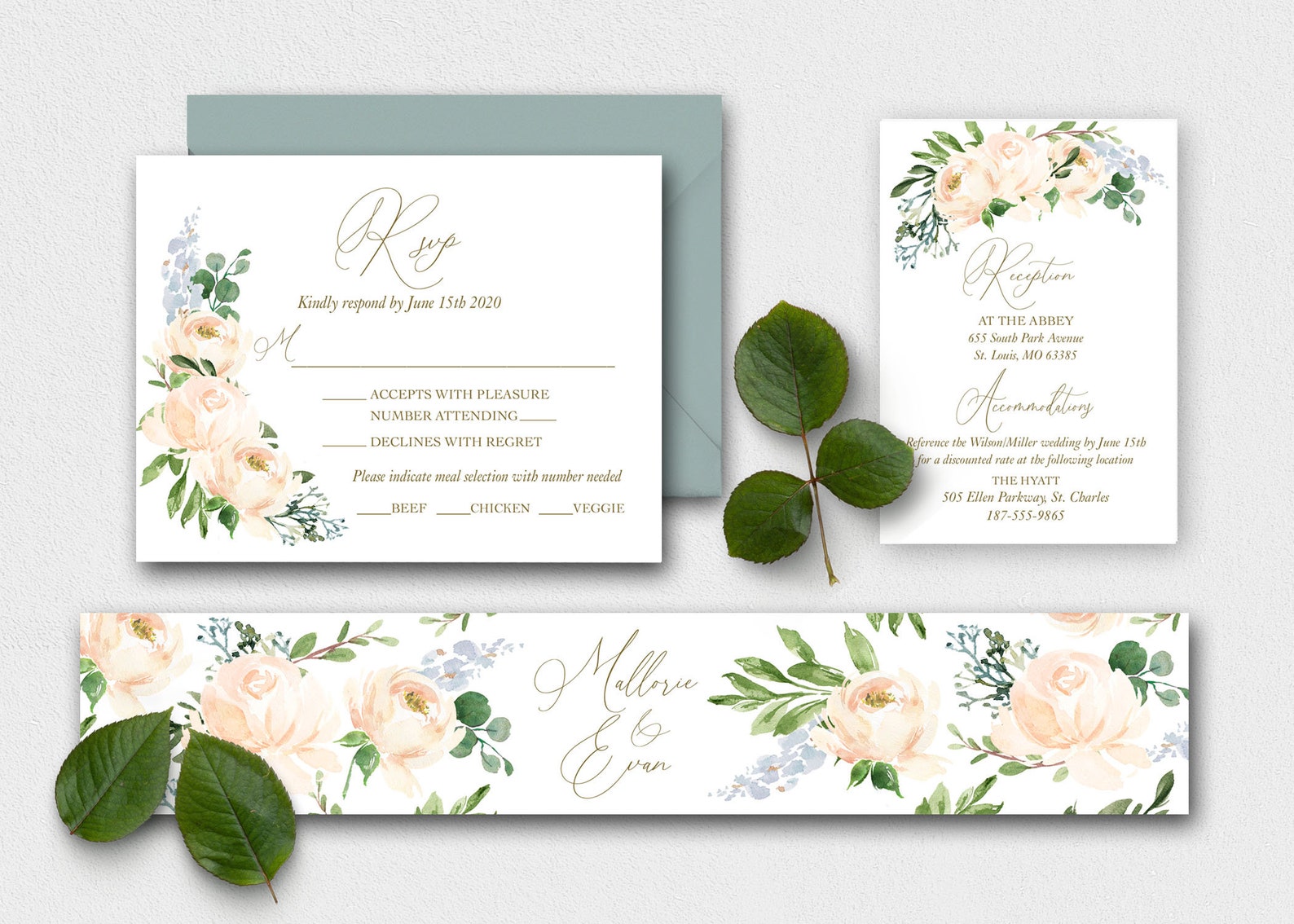 Powder Blue Wedding Invitation Suite, Blush Pink Floral Greenery ...